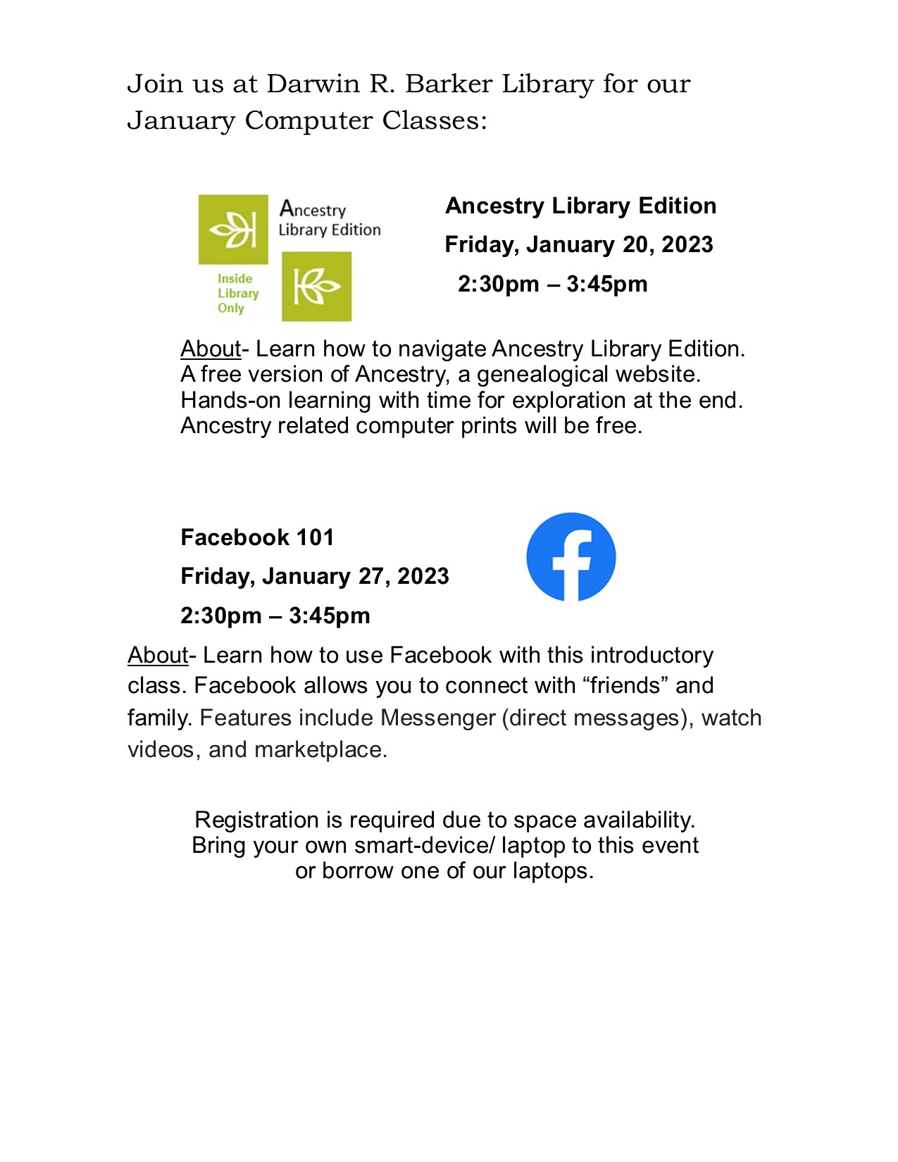 Computer Classes This January • Darwin R. Barker Library Computer Classes This January • Darwin R. Barker Library